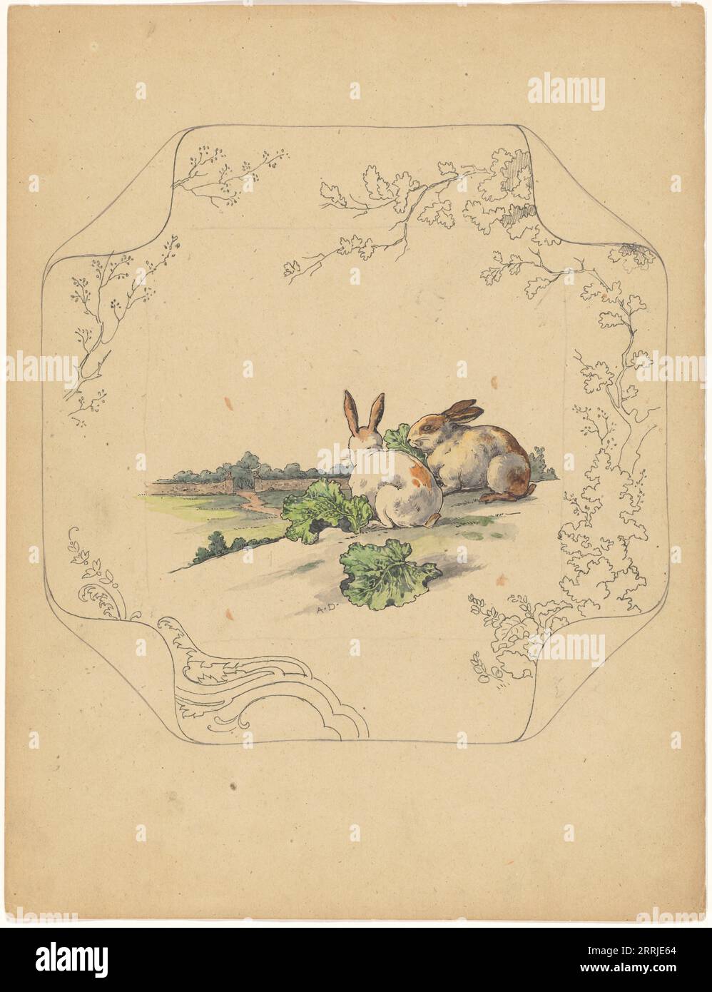 Design for model 'square' board with two rabbits, c.1875-c.1880. Two ...