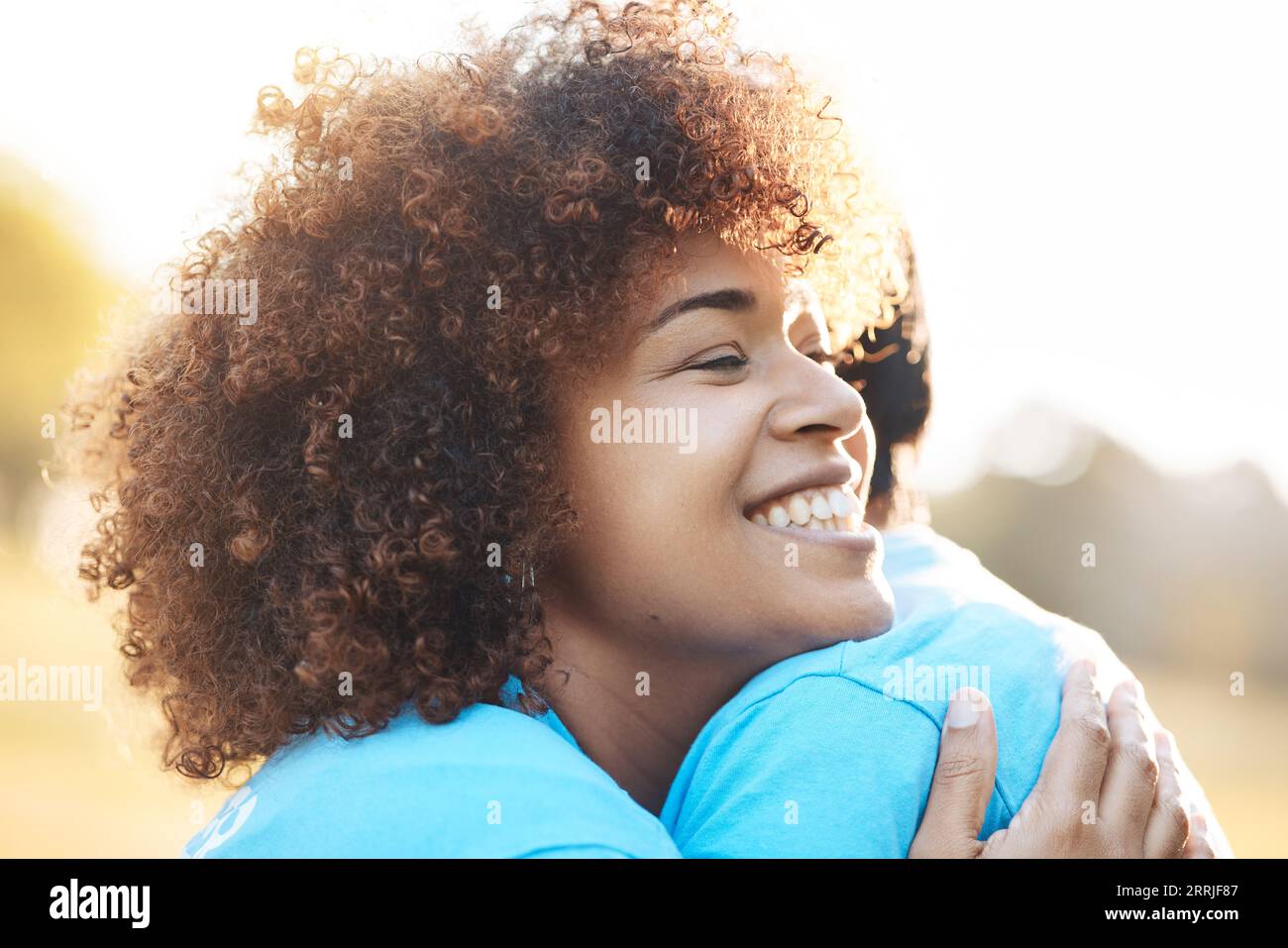 Nature volunteer, face and happy woman hug, well done and NGO team ...