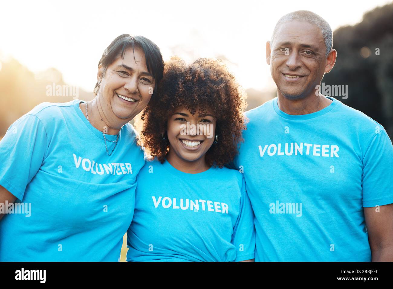 Nature, portrait and happy people, group and volunteer for community ...