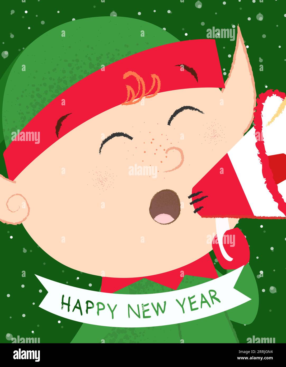 Happy New Year green elf with megaphone postcard design Stock Vector ...