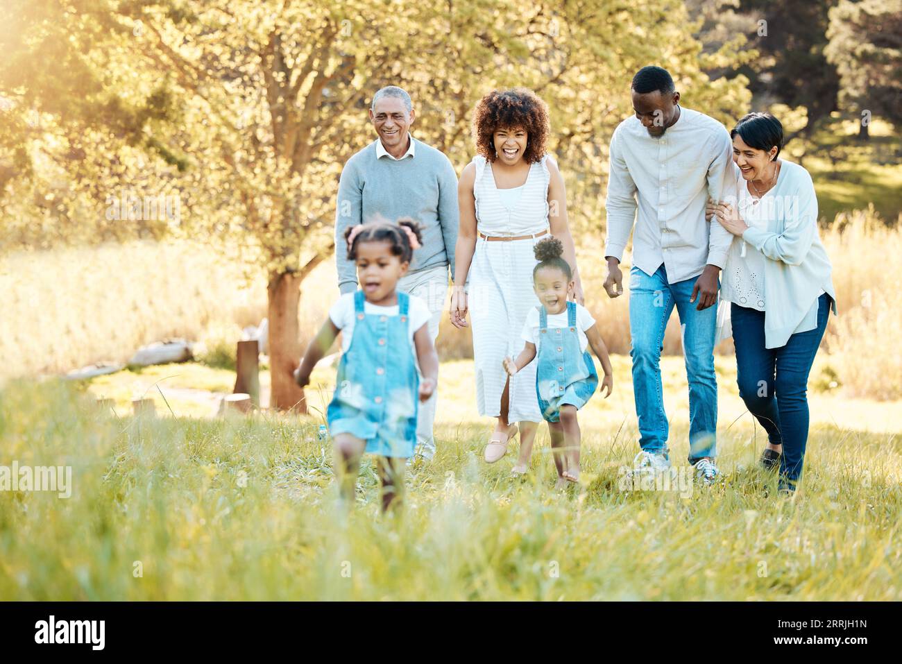 Park, walking and happy family generations for bonding, having fun and ...