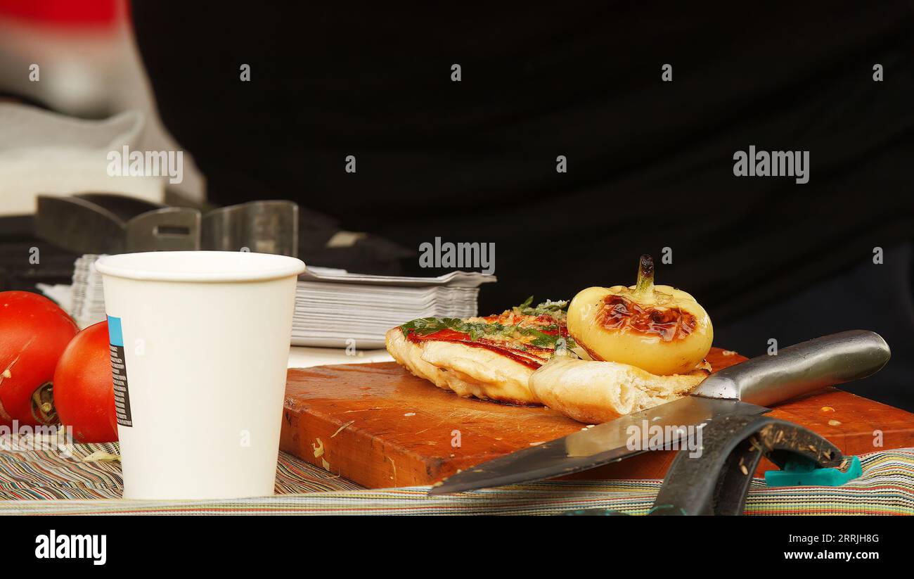 A chefs spot with kitchen utensils and fresh food ingredients on the ...