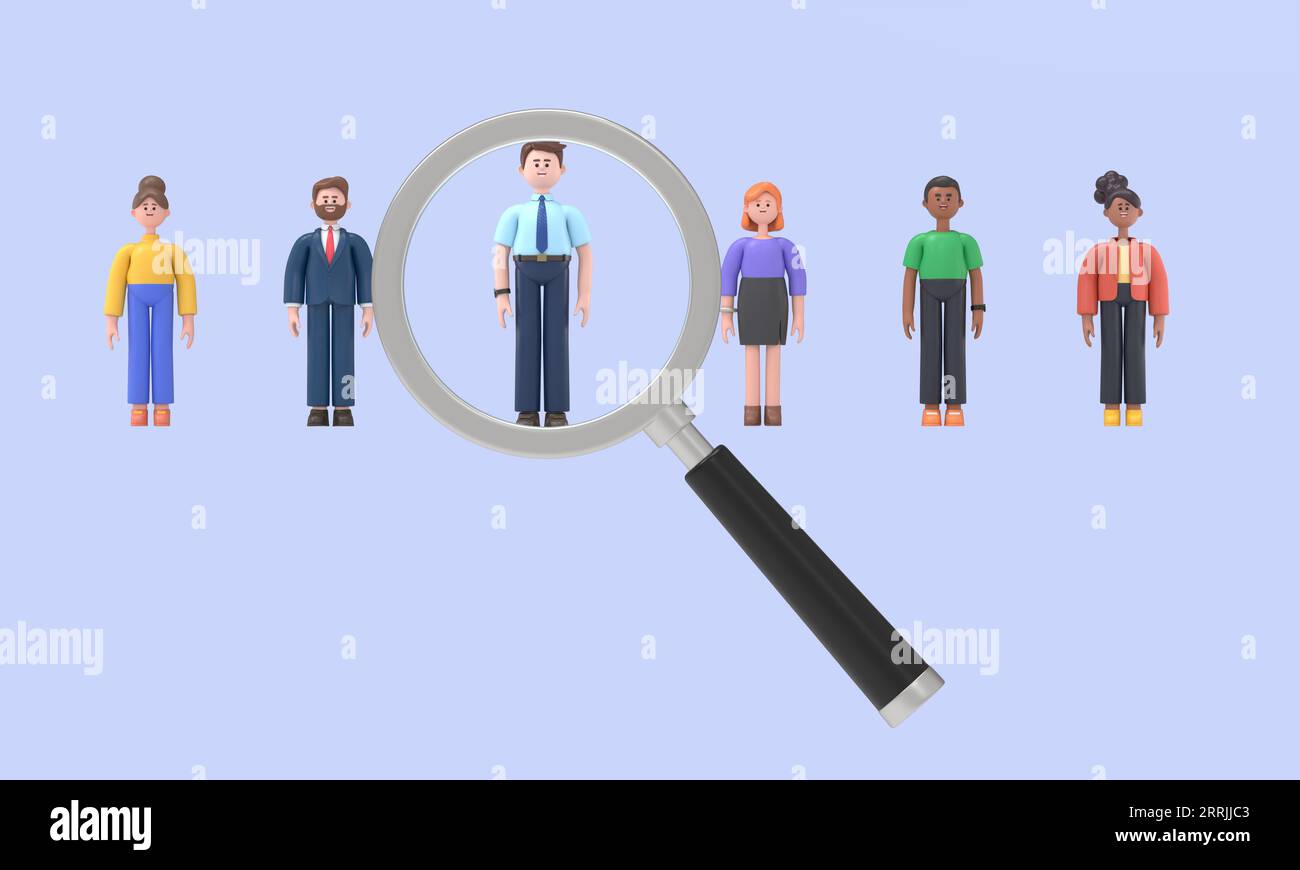Using a magnifying glass searching for the right employee among many ...