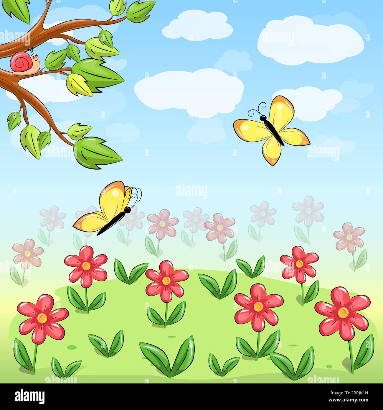 Cute cartoon garden landscape. Vector illustration of nature with red ...