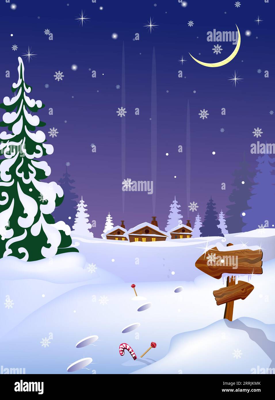 Night country scene with distant houses, wooden arrows sign Stock ...