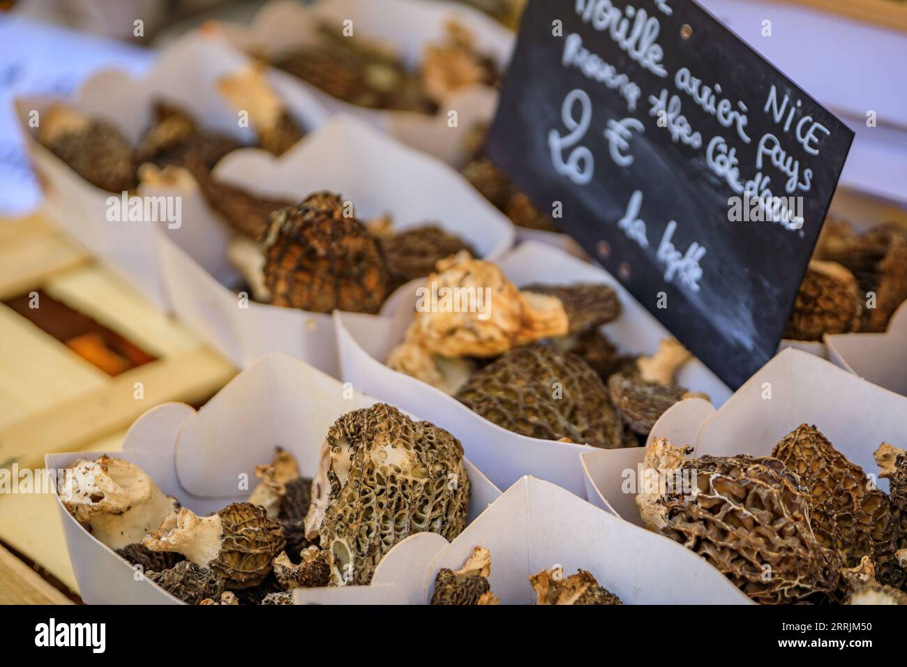 Rare wild morel mushrooms on display at Cours Saleya outdoor farmers ...