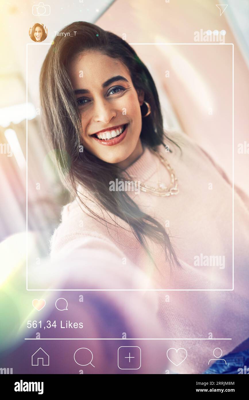 Portrait, selfie and social media with a woman influencer on screen for ...