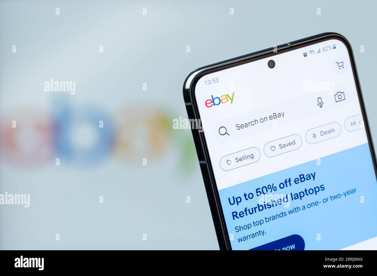 New York, USA - August 20, 2023: Searching to buy on ebay app on smartphone display close up ...