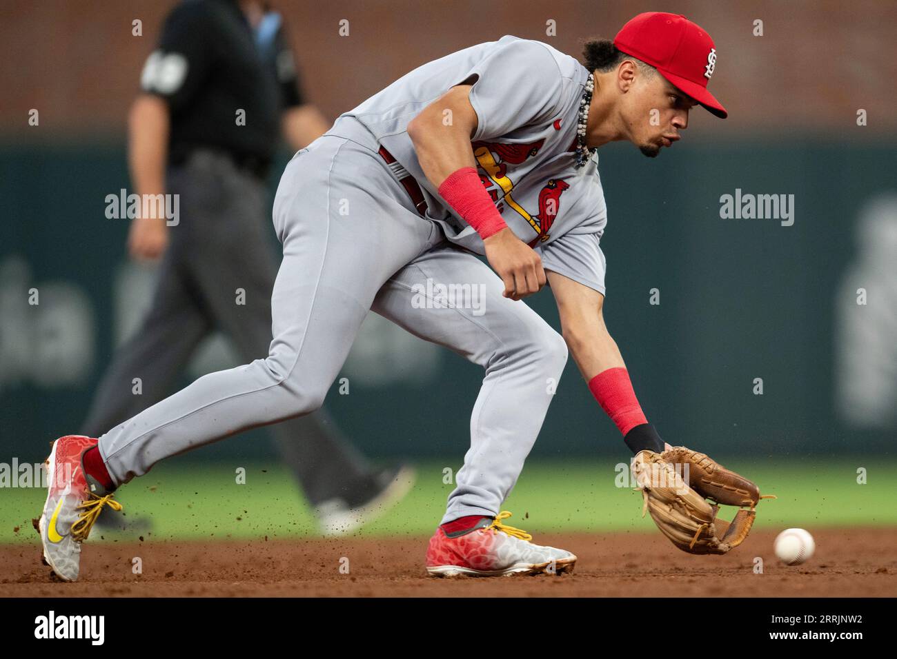 St. Louis Cardinals shortstop Masyn Winn fields a group ball during the ...