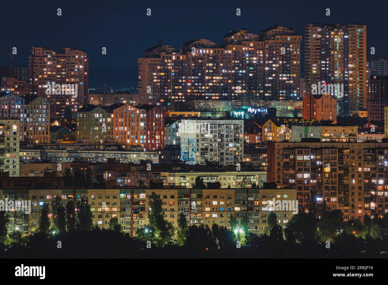 2023-09-01 Kyiv, Ukraine. Residential high rise buildings illuminated at night Stock Photo - Alamy