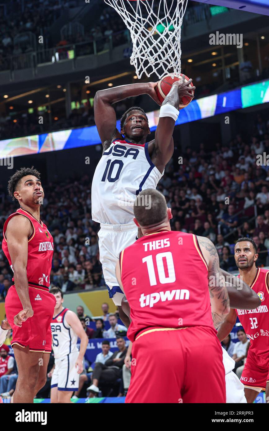 Manila, Philippines. 8th Sep, 2023. Anthony Edwards (top) of the United State dunks during the ...