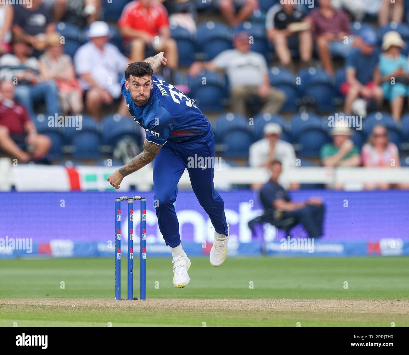 Cardiff, UK. 08th Sep, 2023. England's Reece Topley bowling during the ...