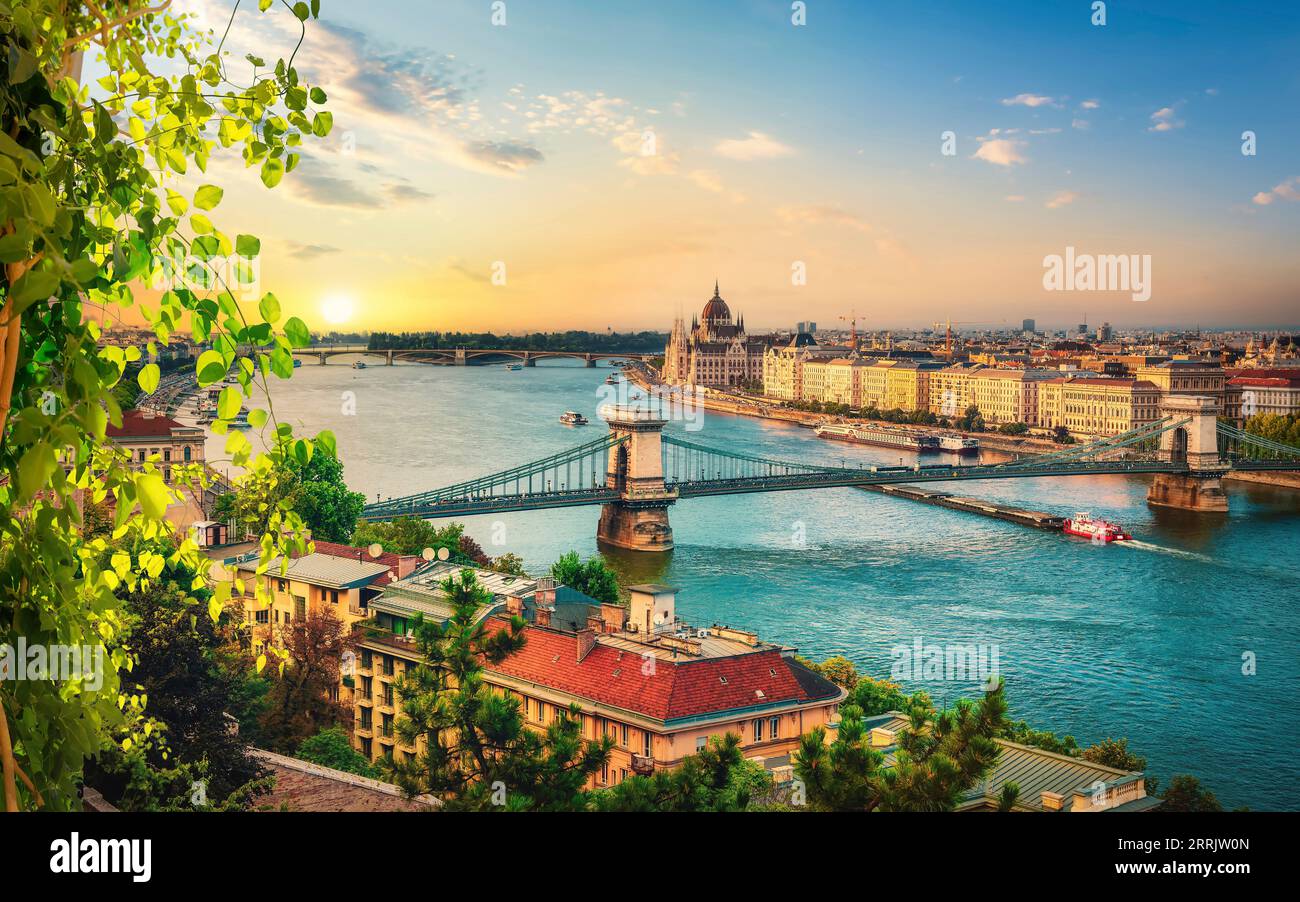 View of Budapest landmarks at beautiful sunset Stock Photo - Alamy