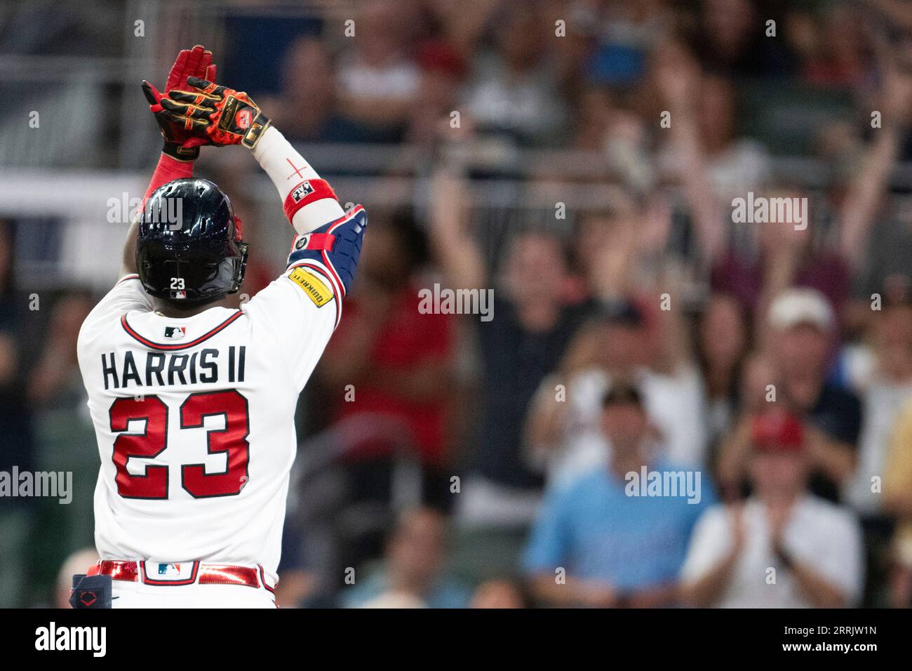 Atlanta Braves center fielder Michael Harris II reacts with fans during ...