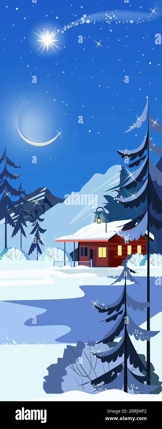 Winter landscape with cottage, shooting star and fir-trees Stock Vector ...