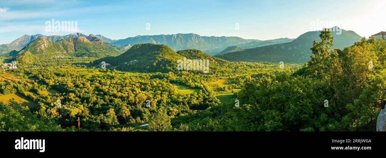 Montenegro, panorama mountains and of sunset sky over world famous tara ...