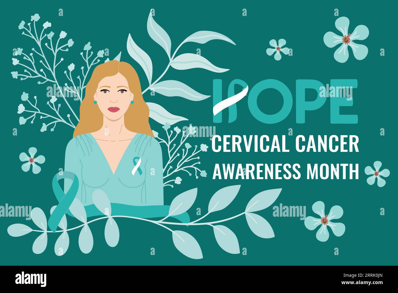 Cervical Cancer Awareness Month. Hope phrase. White woman with flowers ...