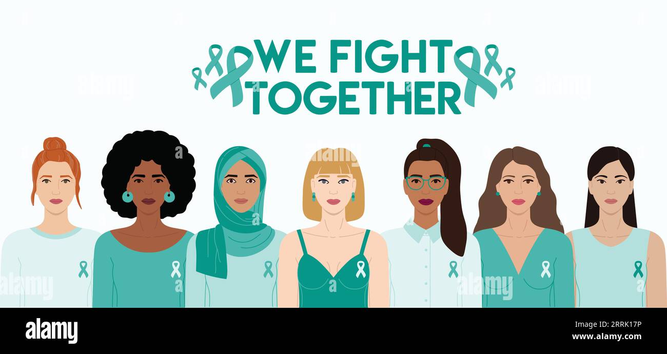 Ovarian and Cervical cancer Awareness Month. We fight together phrase ...