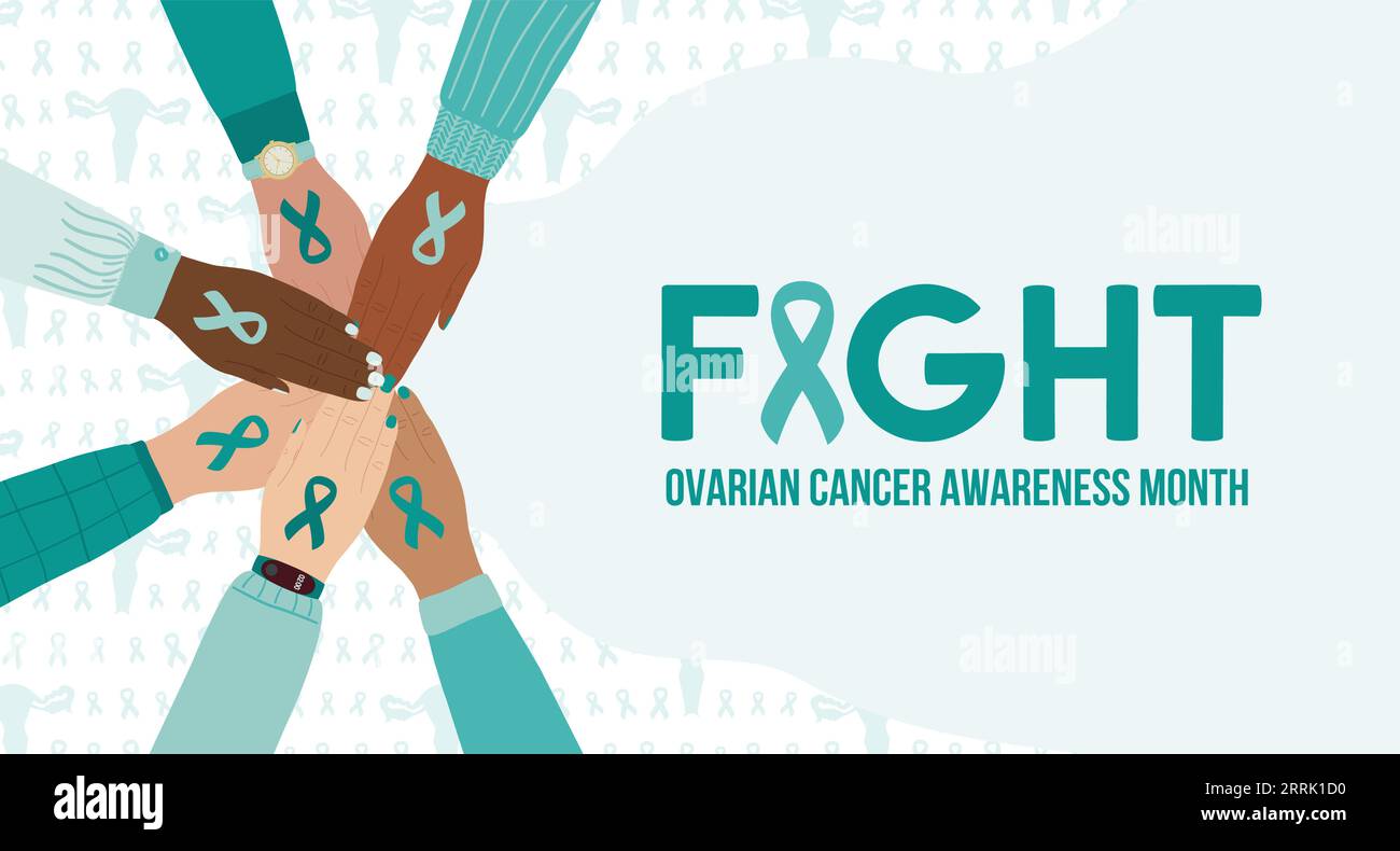 Horizontal banner of female hands stacking together with teal cancer ...