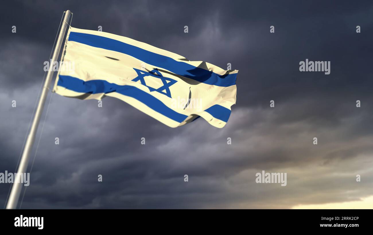 pretty Israel flag on heavy dark clouds bg - abstract 3D rendering ...