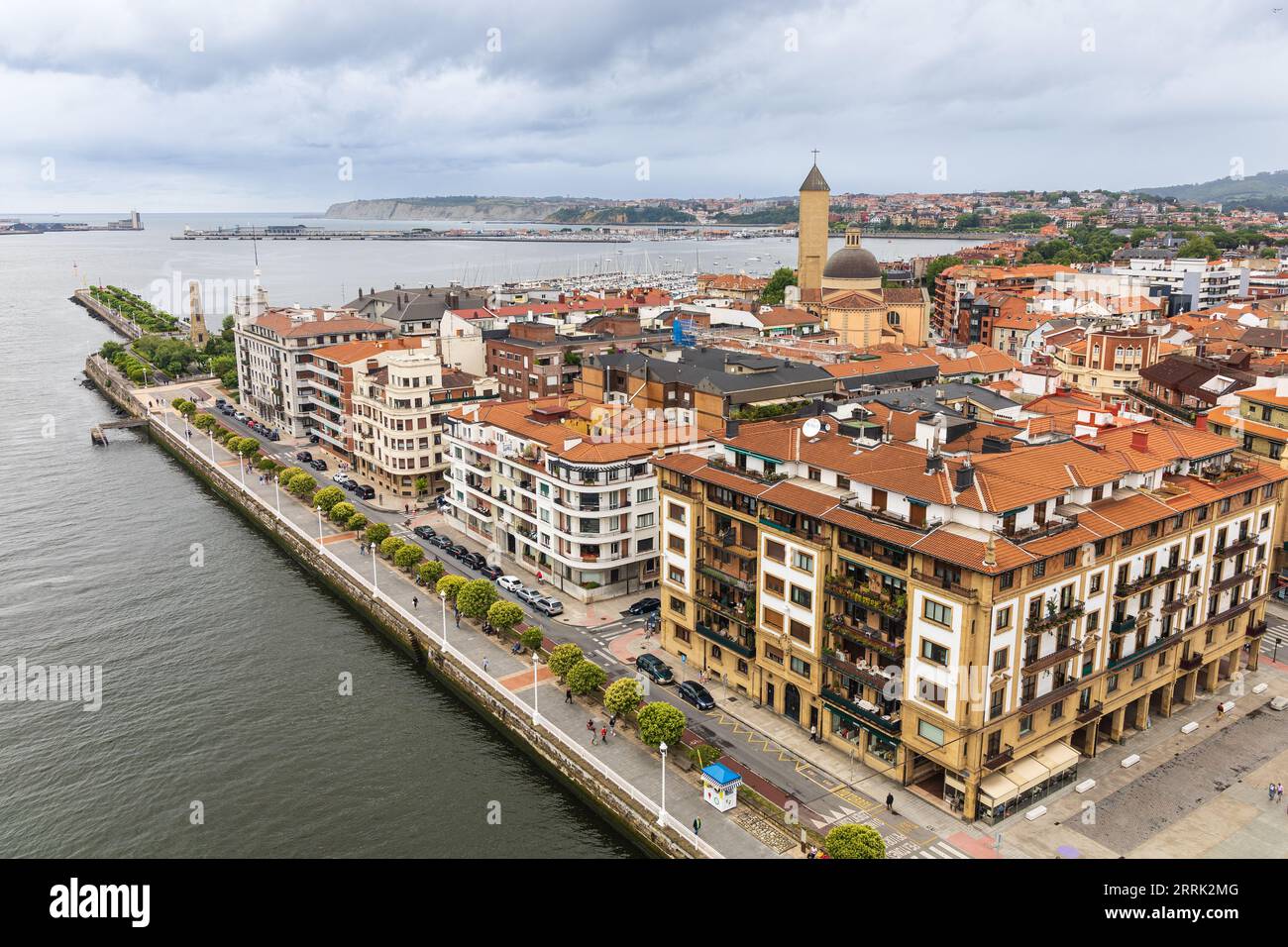 Aerial view of Las Arenas in Getxo, with the picturesque Nervion River ...