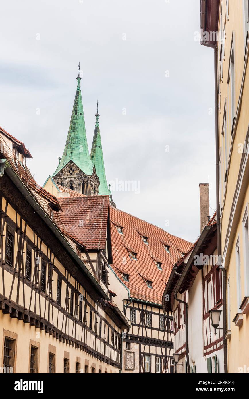 Cathedral street with half timbered houses in bamberg hi-res stock ...