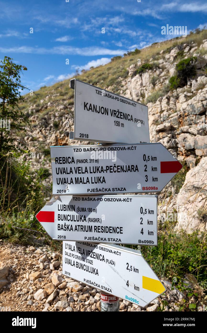 Croatia, Primorje-Gorski Kotar County, Krk island, signs for hikers ...