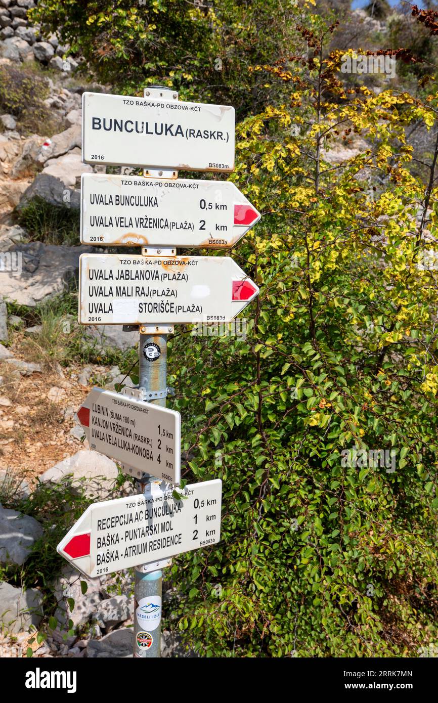 Croatia, Primorje-Gorski Kotar County, Krk island, signs for hikers ...