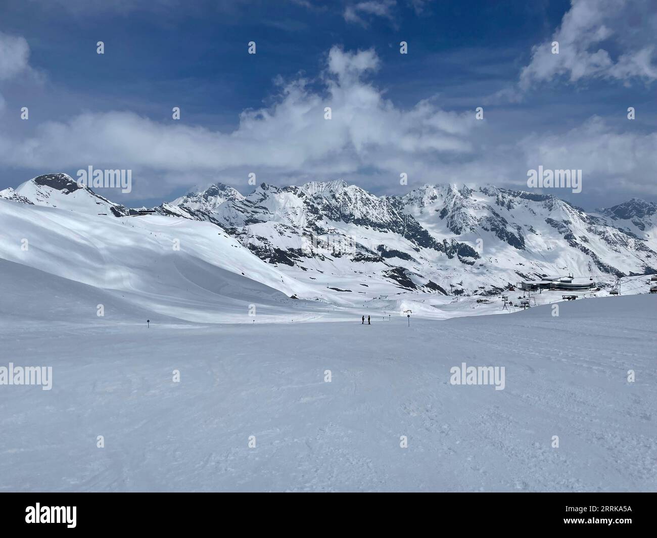 View over ski slope at Stubai Glacier, spring, chairlift, ski resort ...