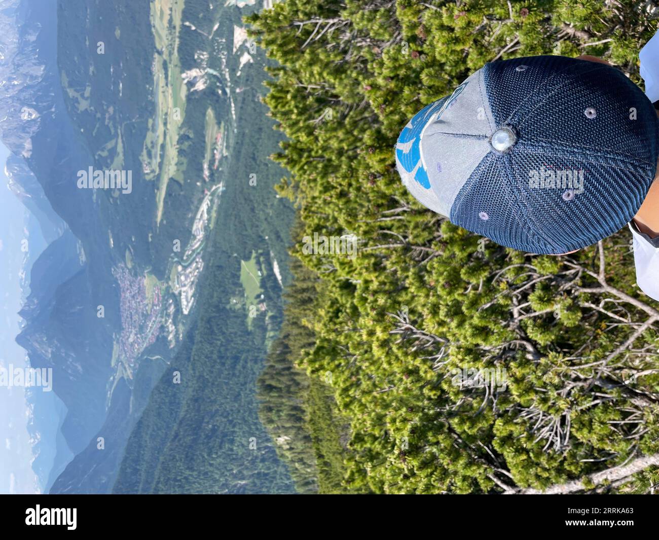 Boy looks from Lausberg into upper Isar valley to Mittenwald, Alpenwelt ...