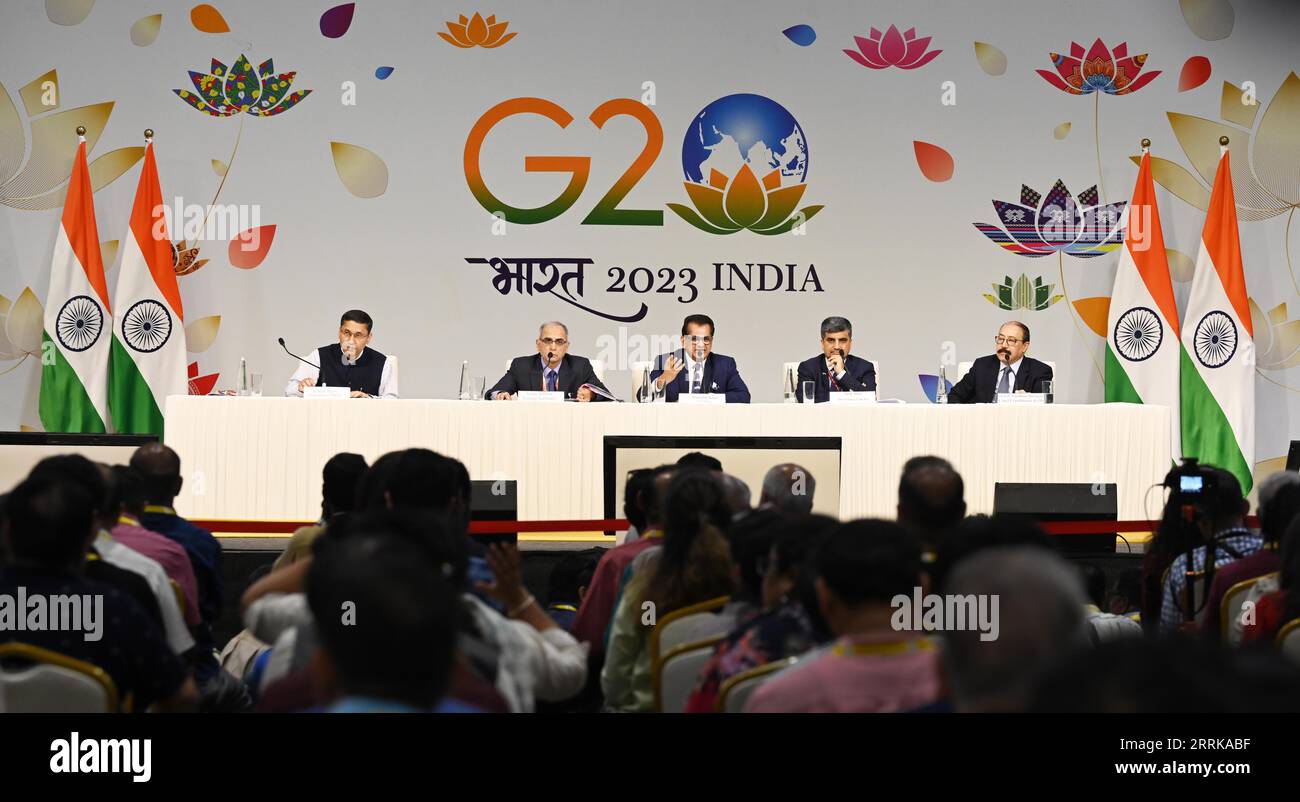 NEW DELHI, INDIA - SEPTEMBER 8: G20 Sherpa Amitabh Kant (C) along with MEA Spokesperson Arindam ...