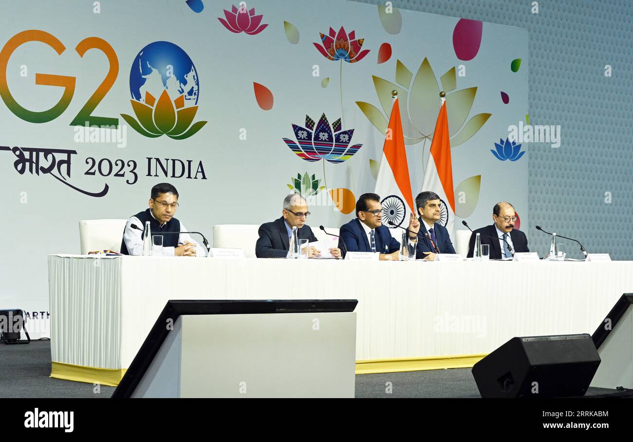 NEW DELHI, INDIA - SEPTEMBER 8: G20 Sherpa Amitabh Kant (C) along with MEA Spokesperson Arindam ...
