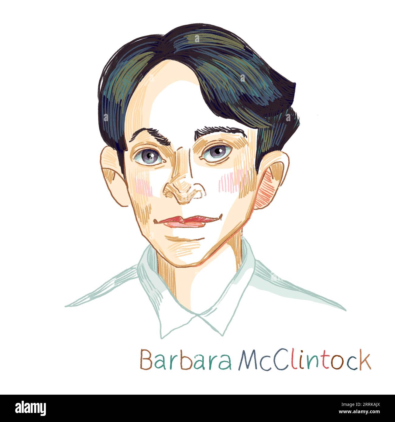 Barbara McClintock colored pencil hatched portrait on white background ...
