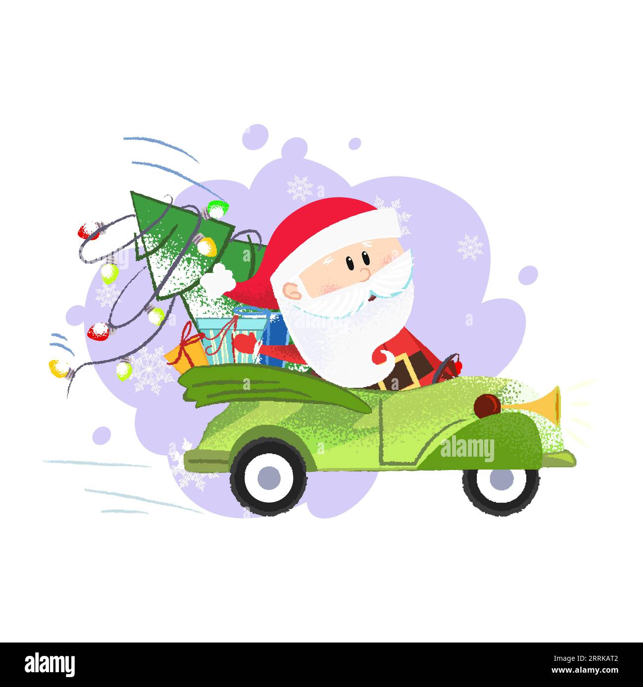 Cute Santa Claus driving car with decorated fir-tree Stock Vector Image ...