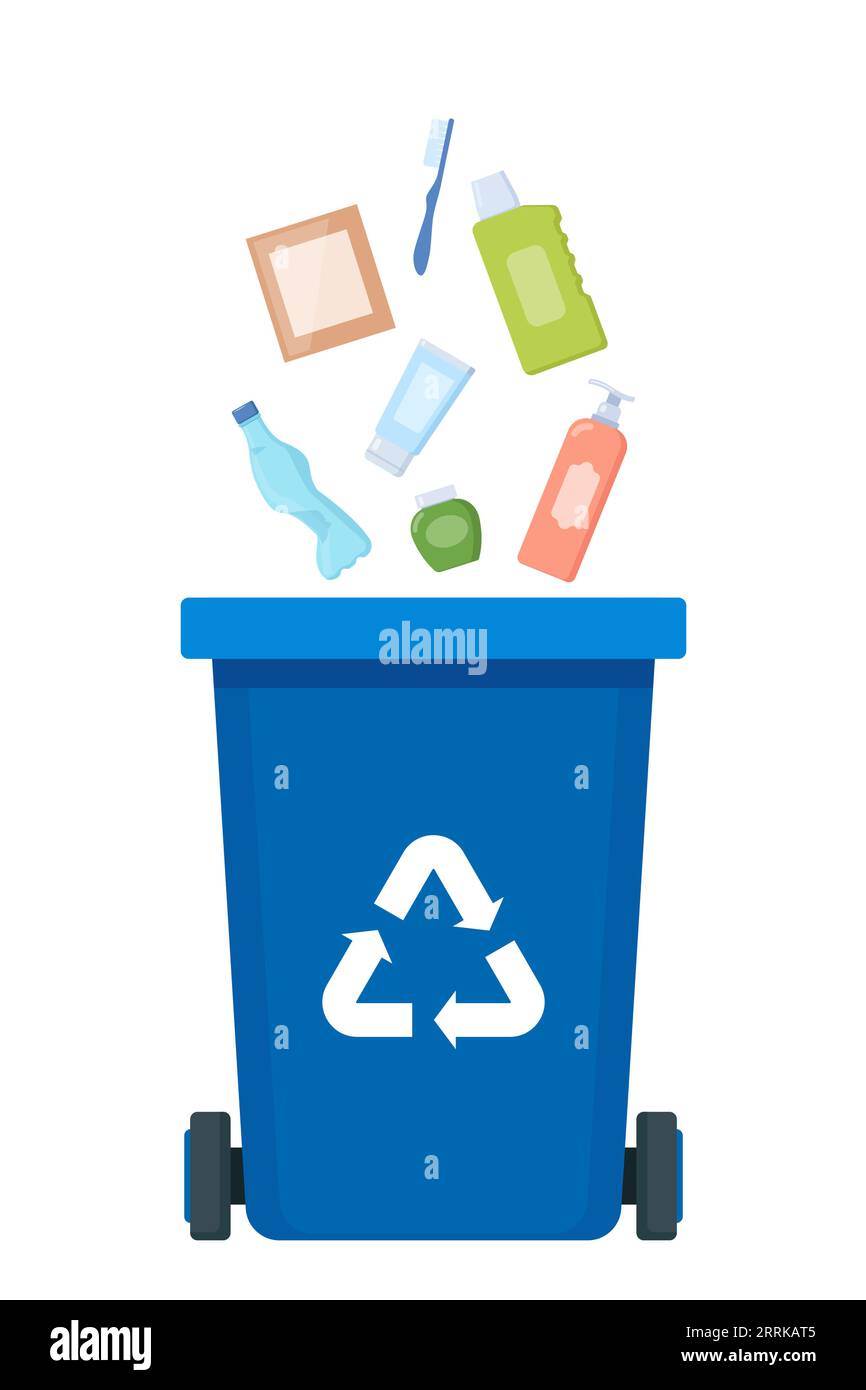 Garbage sorting set. Blue Bin with recycling symbol for plastic waste ...