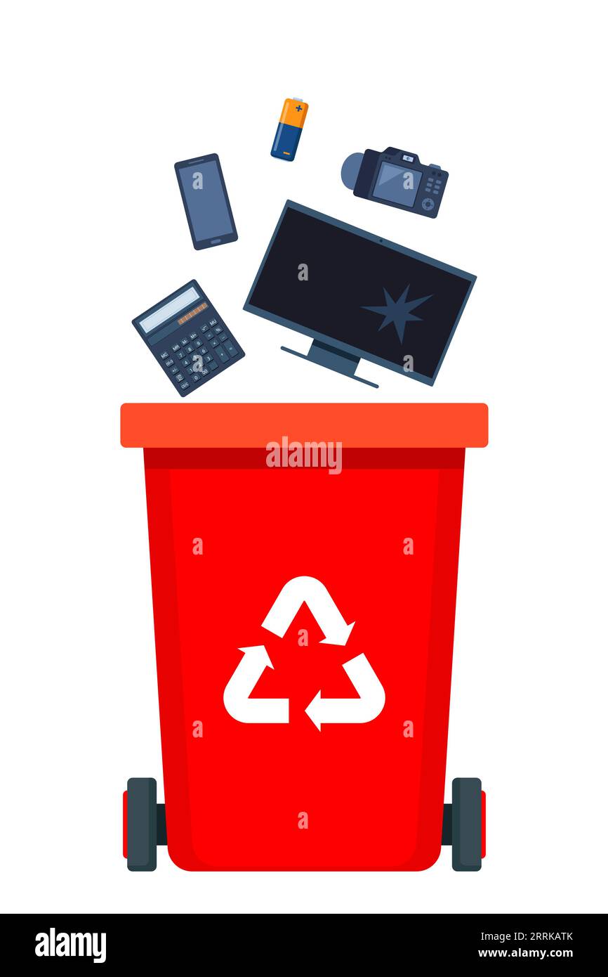 Garbage sorting set. Red Bin with recycling symbol for e-waste. Vector ...