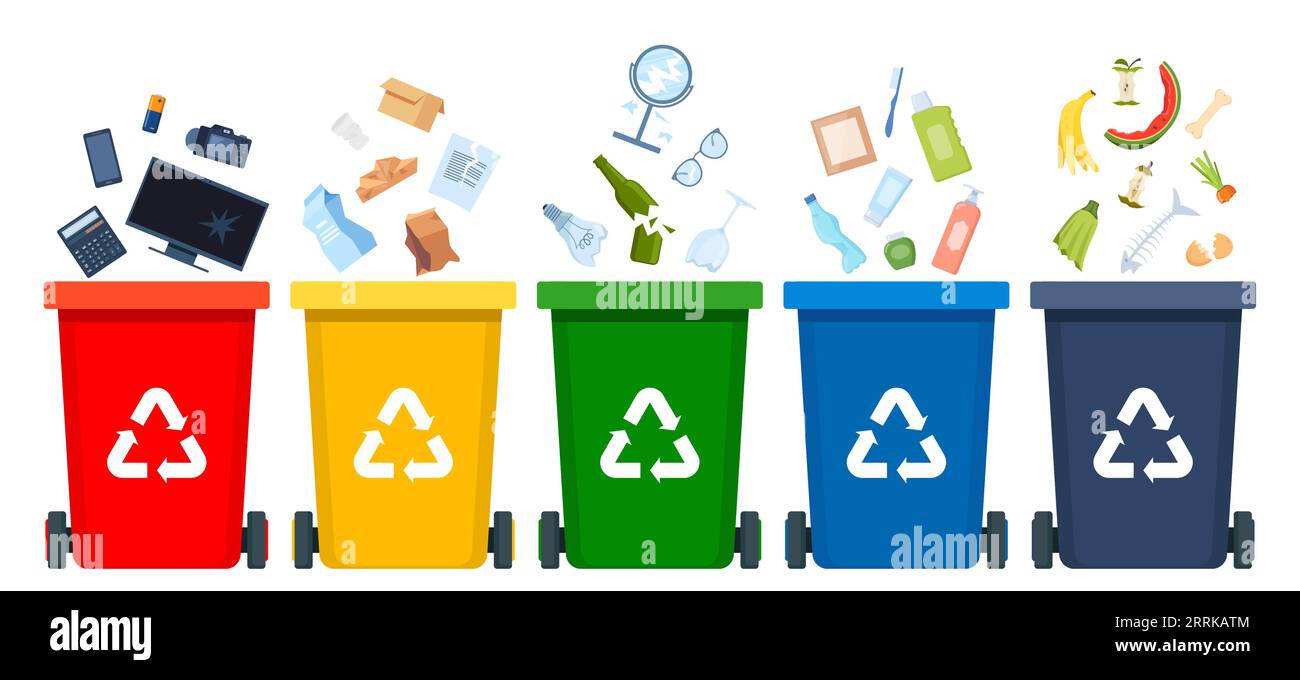 Garbage sorting set. Bins with recycling symbols for e-waste, plastic ...