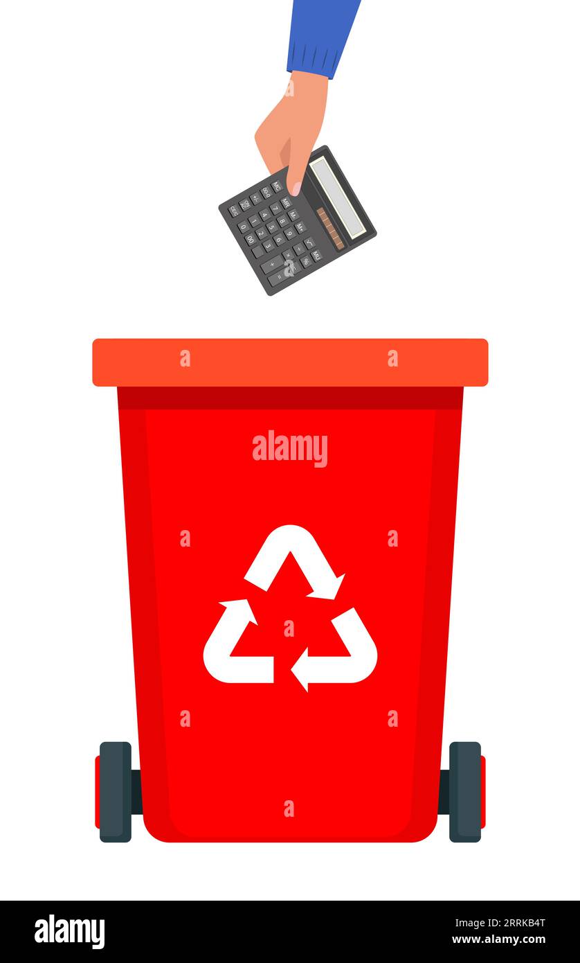 Hand throws the calculator into the Red Bin with recycling symbol for e ...