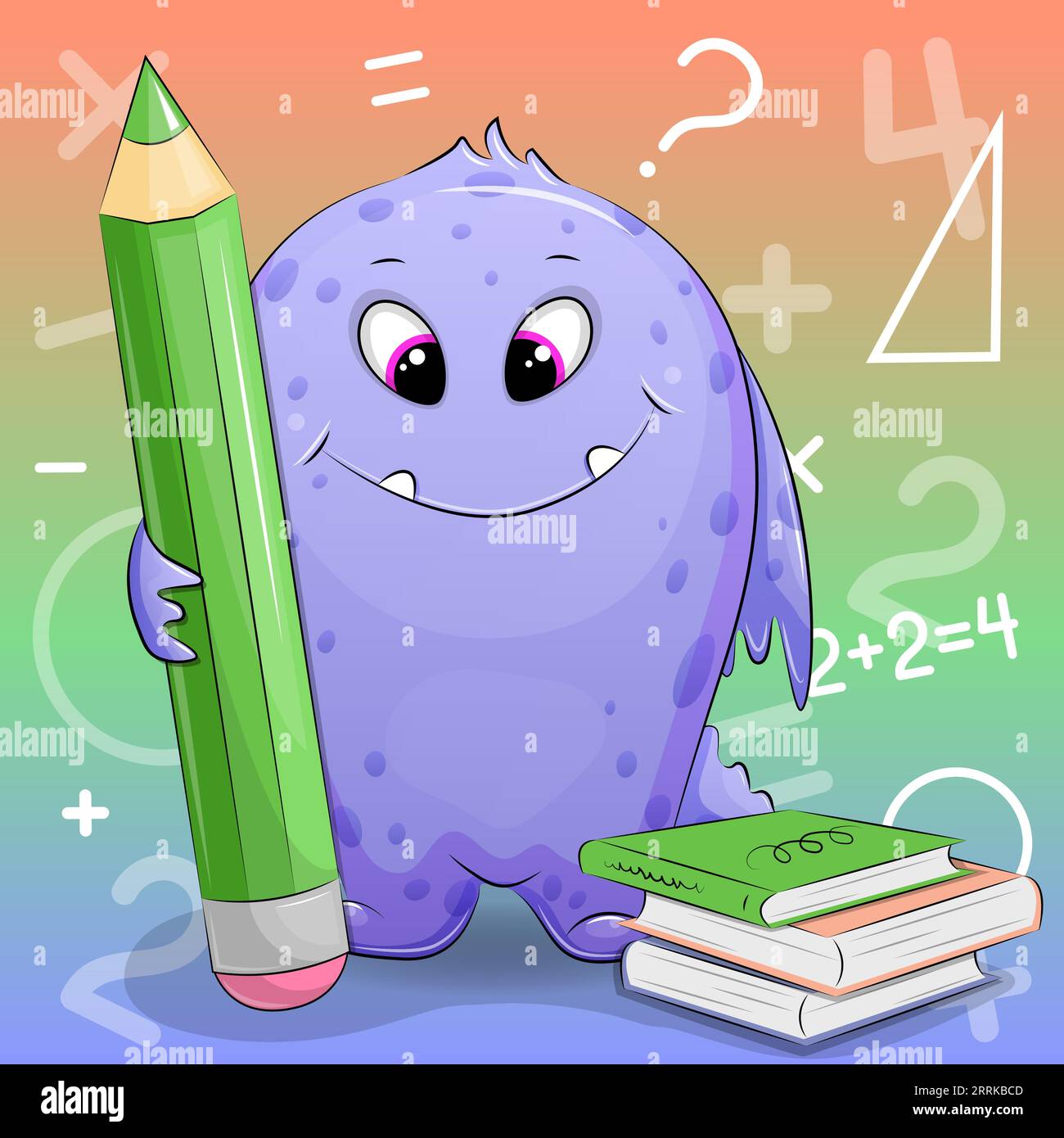 Cute cartoon monster with a big green pencil and books. School vector ...