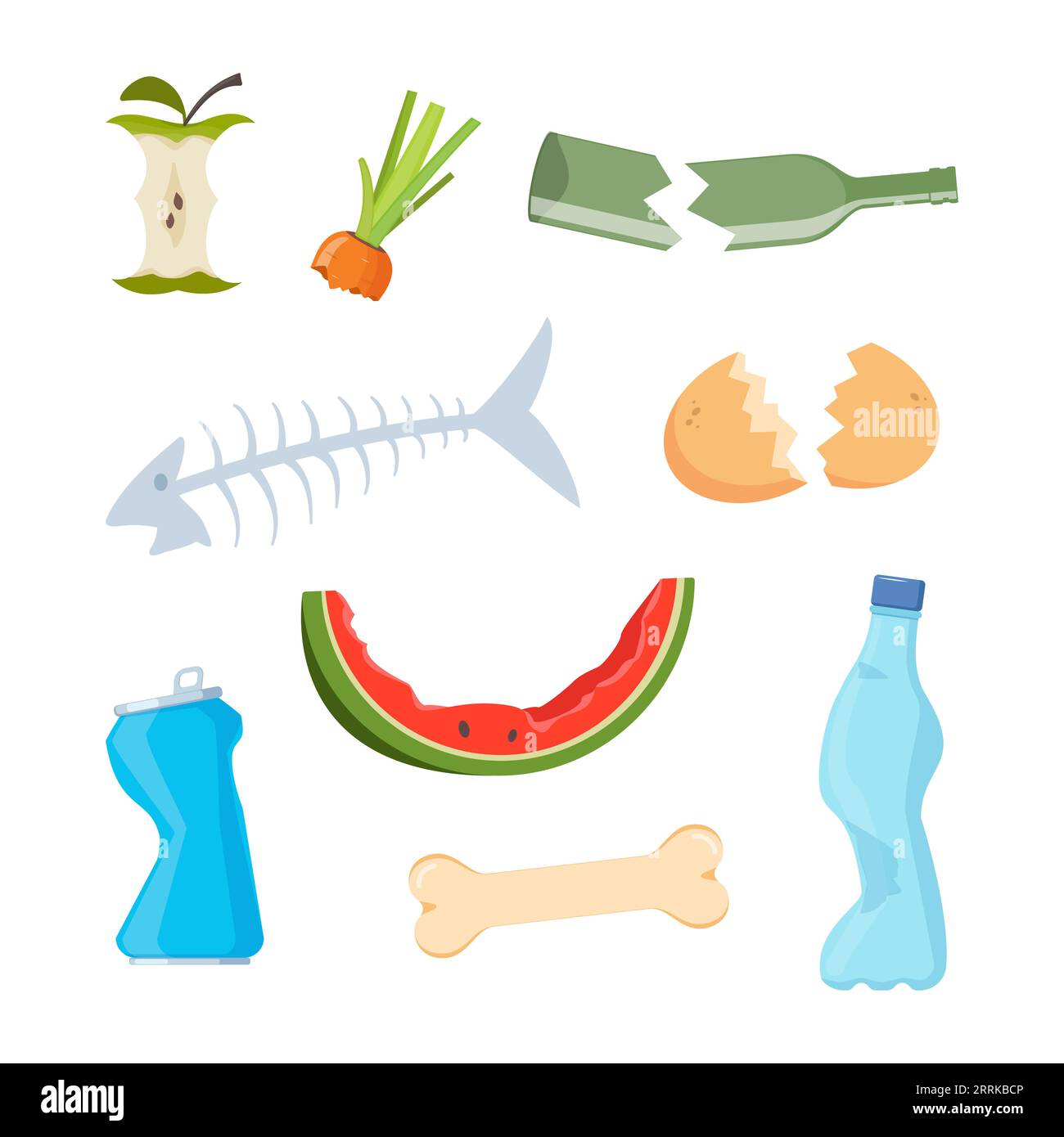 Organic and plastic waste, food compost collection isolated on white ...