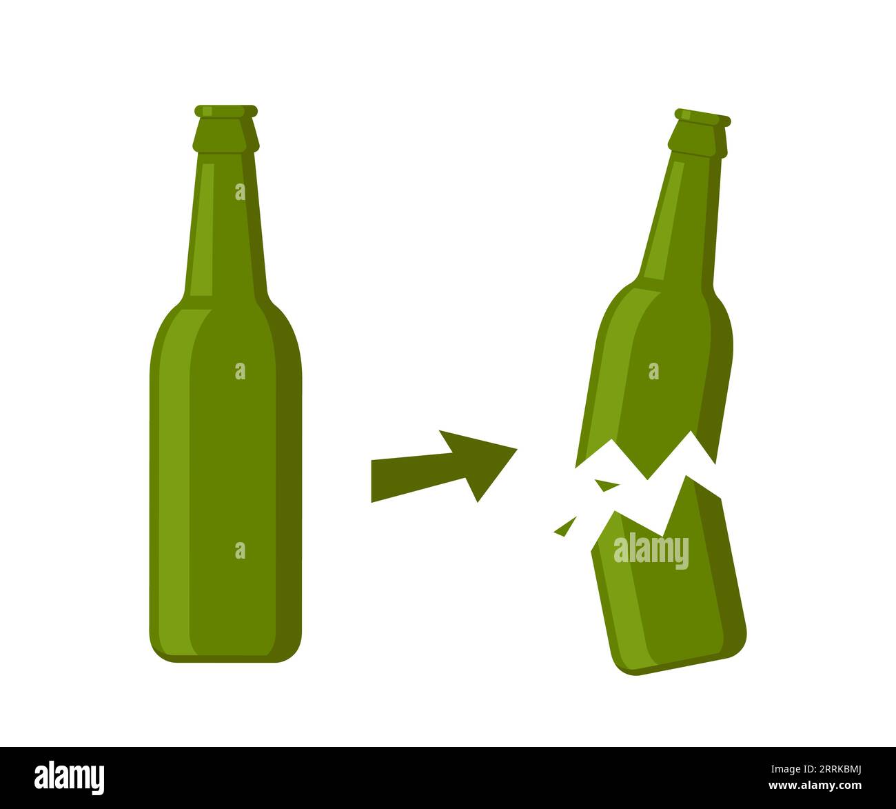 Beer bottle, whole and broken. Bottle broken into two halves. Broken ...