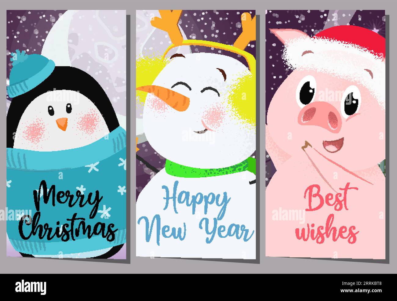 Bright Merry Christmas poster design with cartoon trio Stock Vector ...