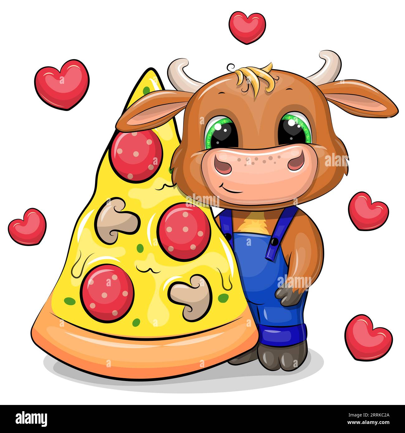 Cute cartoon bull with a big piece of pizza. Vector illustration of ...