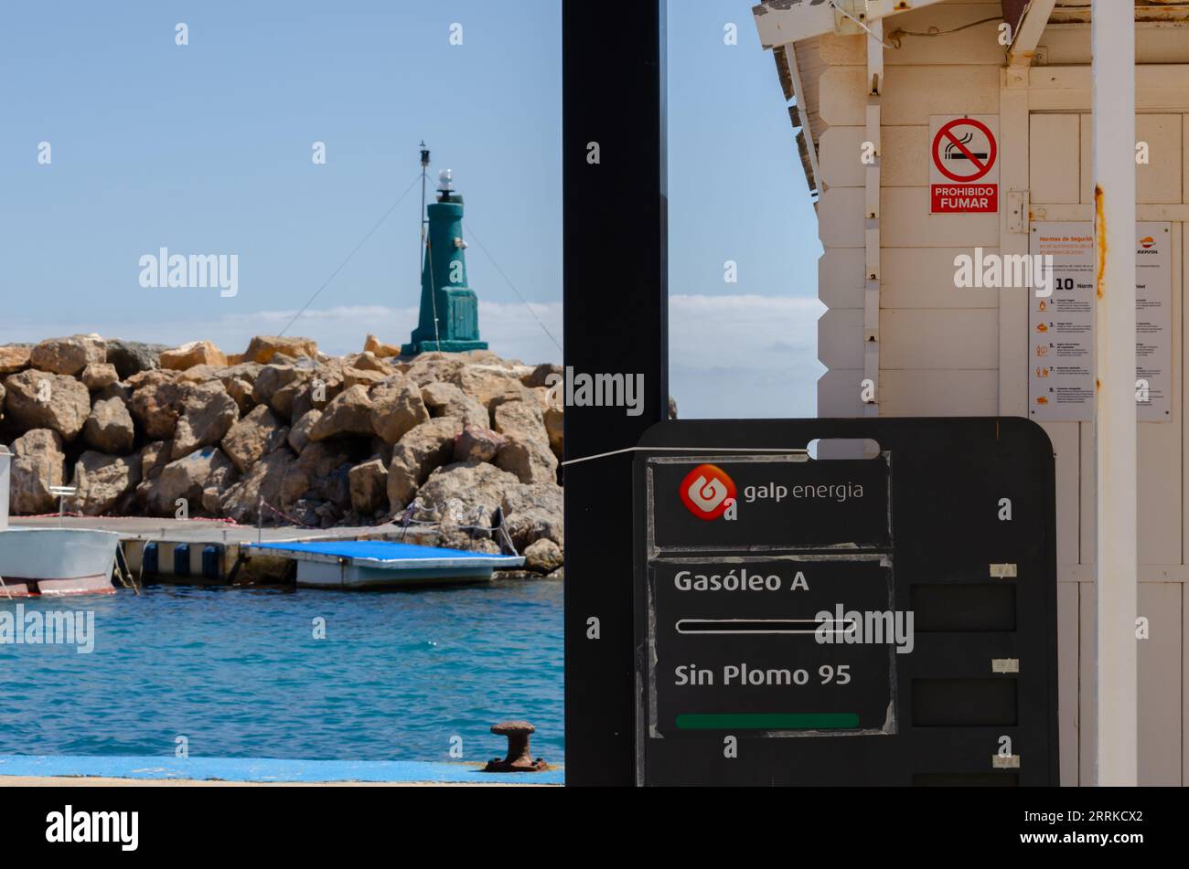 SAN JOSE, SPAIN - 23 MAY 2023 Point of fuel Repsol supply to ships ...