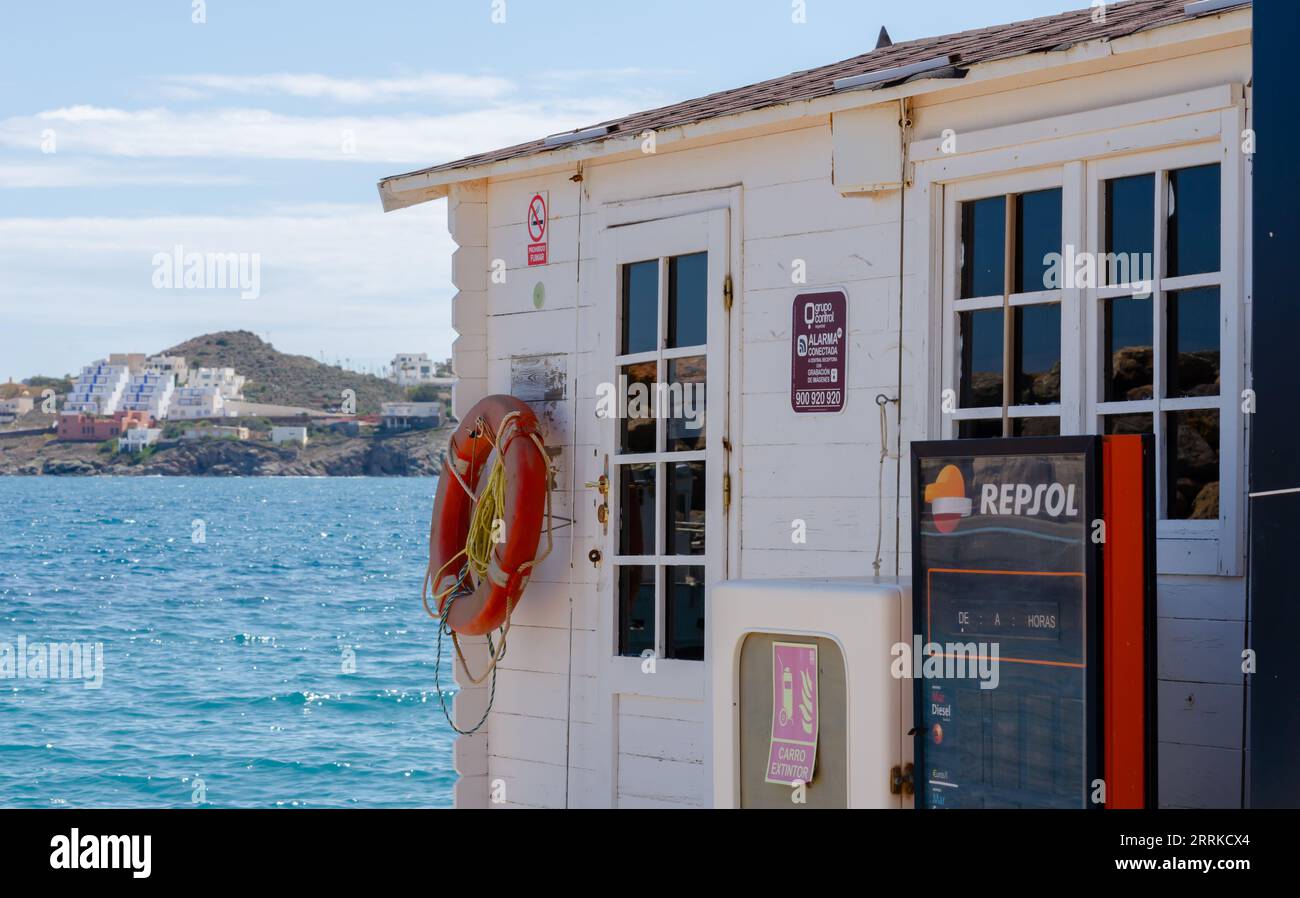 SAN JOSE, SPAIN - 23 MAY 2023 Point of fuel Repsol supply to ships ...