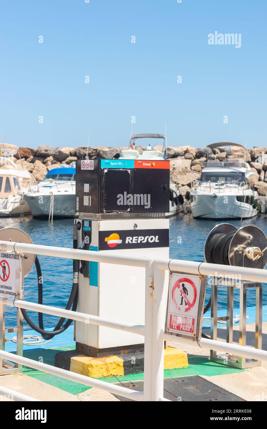 SAN JOSE, SPAIN - 23 MAY 2023 Point of fuel Repsol supply to ships ...
