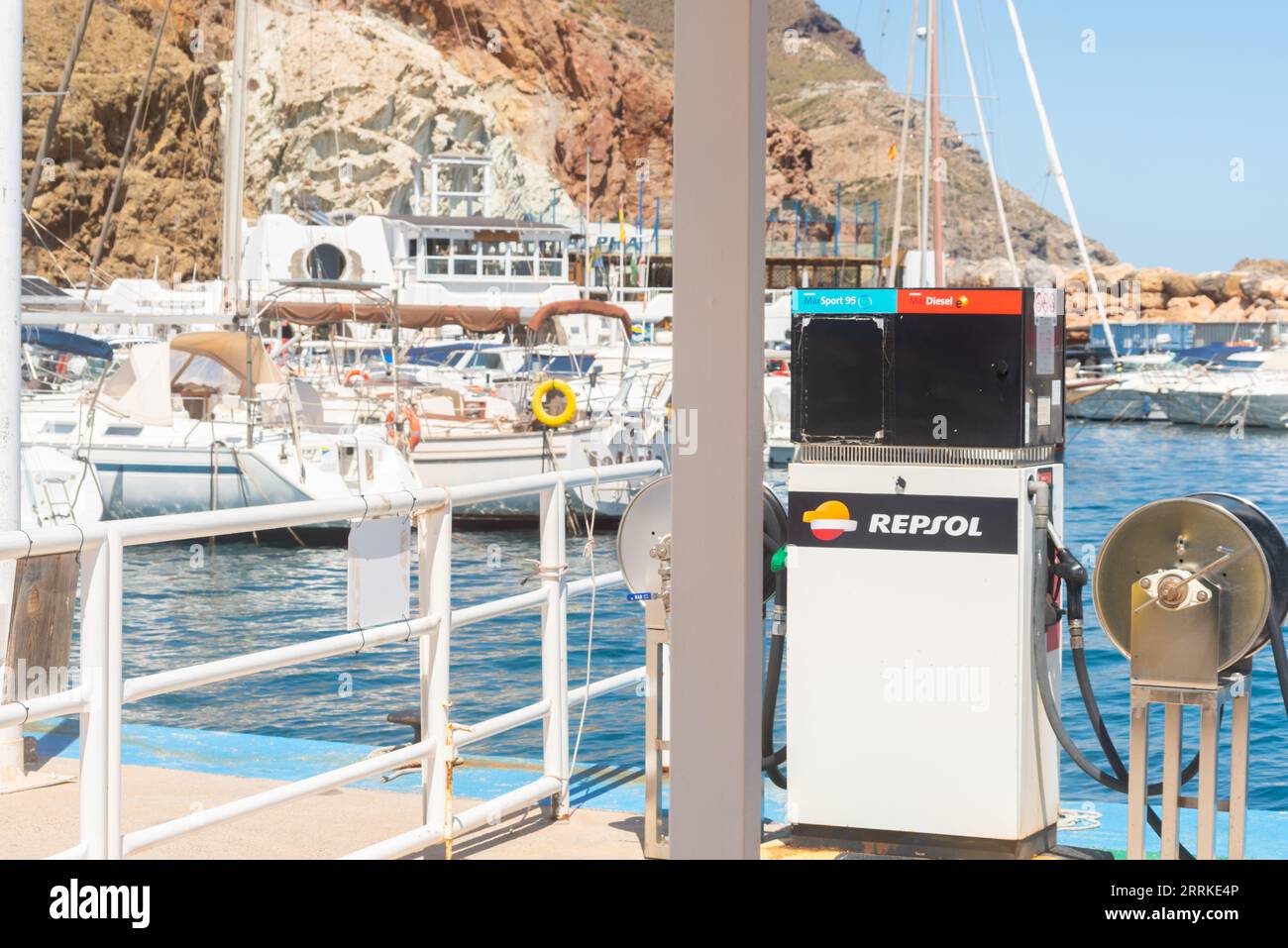SAN JOSE, SPAIN - 23 MAY 2023 Point of fuel Repsol supply to ships ...
