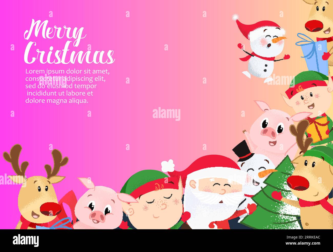 Merry Christmas with cartoon characters pink poster design Stock Vector ...