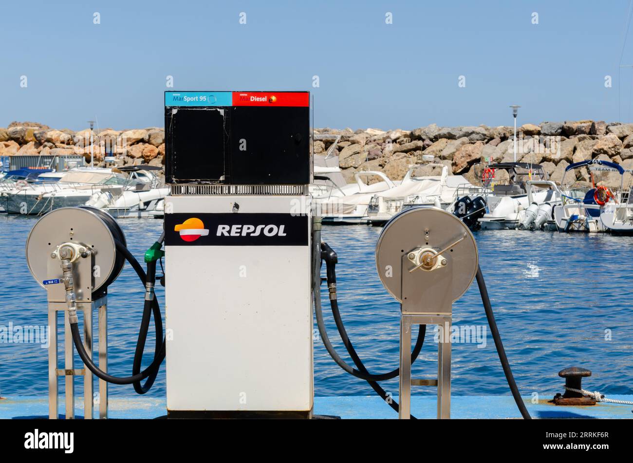 SAN JOSE, SPAIN - 23 MAY 2023 Point of fuel Repsol supply to ships ...