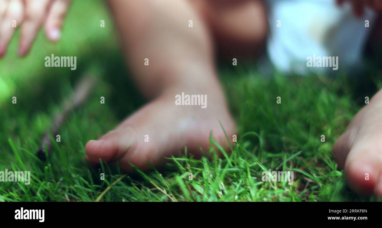 Baby infant toes and feet on grass outside in nature. Toddler legs ...